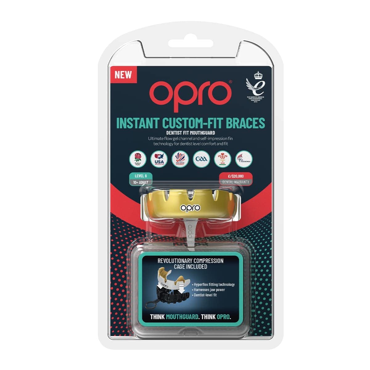 OPRO Instant Custom-Fit Braces Mouth Guard, Dentist Mouthguard Featuring Revolutionary Fitting cage, Ultimate Comfort, Protection & Fit, Braces Gum Shield for Rugby, Boxing, MMA, Hockey (Gold)