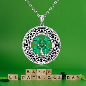 Celtic Knot Shamrock Necklace for Women Sterling Silver St Patricks Day Four Leaf Clover Necklace Good Luck Pendant CZ Jewelry Infinity Valentines Day Necklaces for Her Gifts