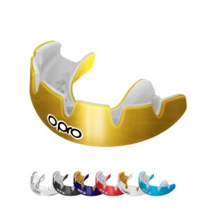 opro instant custom-fit braces mouth guard, dentist mouthguard featuring revolutionary fitting cage, ultimate comfort, protection & fit, braces gum shield for rugby, boxing, mma, hockey (gold)