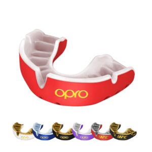 opro gold level mouth guard with enhanced breathability and superior comfort for football, rugby, hockey, mma, and boxing - dual layer protection mouthpiece with case, (kid, red/pearl)