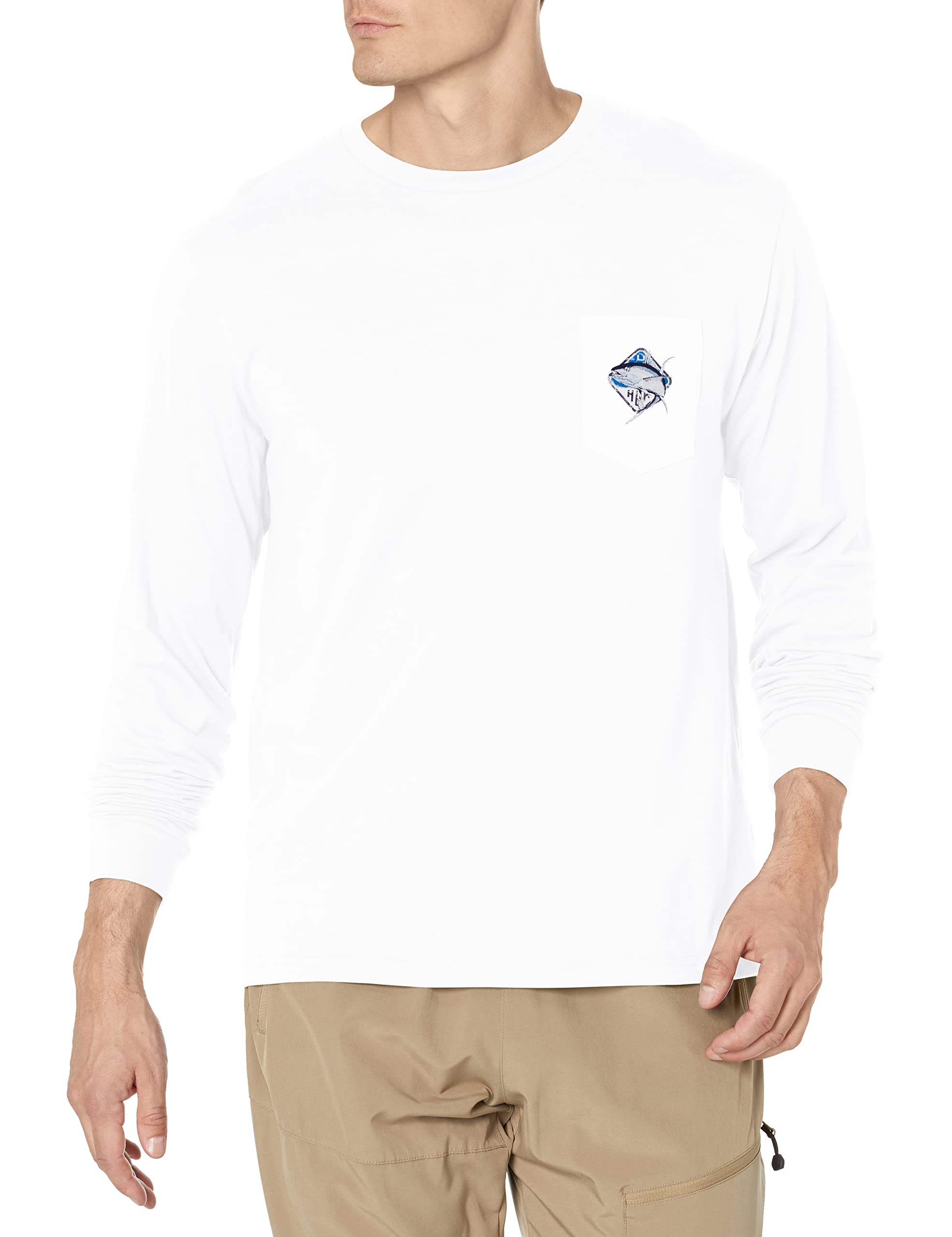 HUK Men's Standard Pocket Tee | Long Sleeved Fishing T-Shirt, Big Tuna-White, X-Large