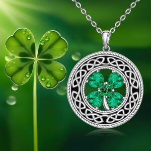 Celtic Knot Shamrock Necklace for Women Sterling Silver St Patricks Day Four Leaf Clover Necklace Good Luck Pendant CZ Jewelry Infinity Valentines Day Necklaces for Her Gifts