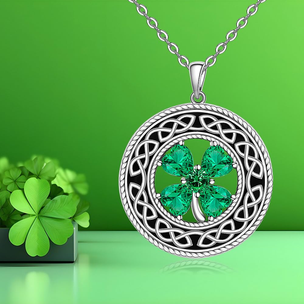 Celtic Knot Shamrock Necklace for Women Sterling Silver St Patricks Day Four Leaf Clover Necklace Good Luck Pendant CZ Jewelry Infinity Valentines Day Necklaces for Her Gifts