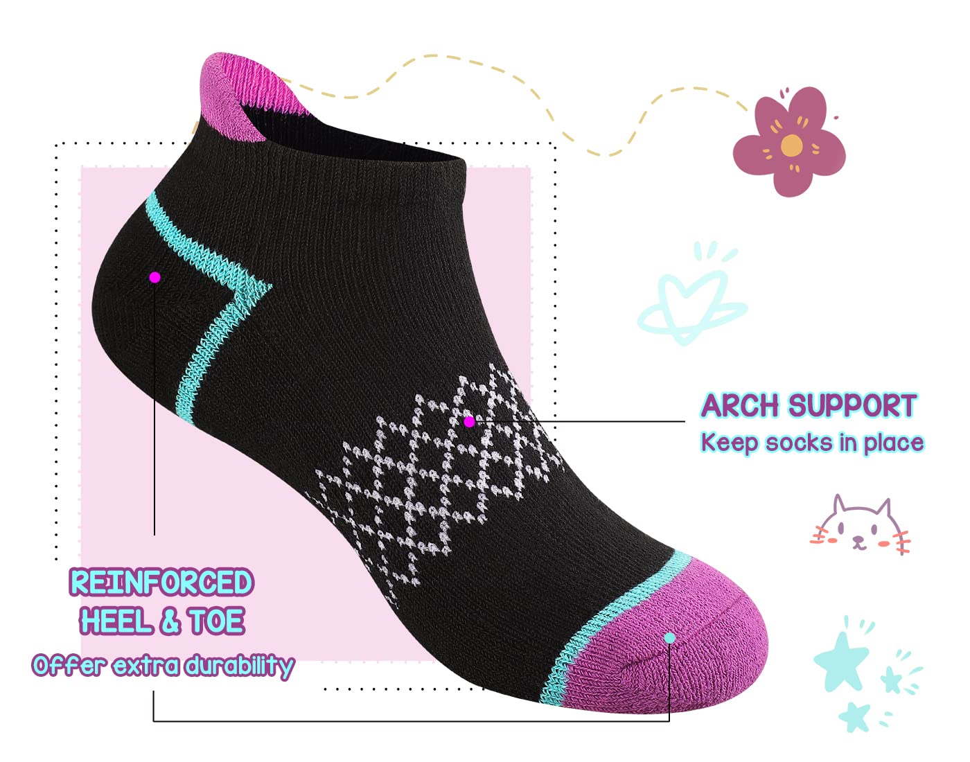 Comfoex 12 Pairs Girls Socks Ankle Athletic Socks Cotton Sports Socks With Cushioned Sole For Big Little Kids,Big Kid