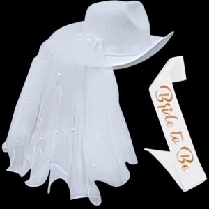 4e's novelty bride cowgirl hat with veil & sash - women white cowboy hat bachelorette party, bridal shower dress up