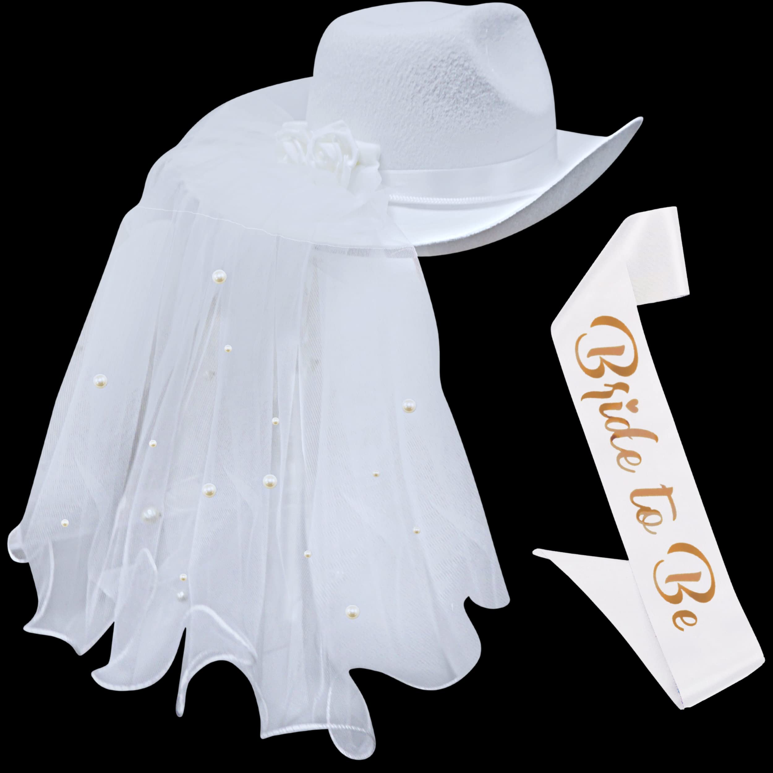 4E's Novelty Bride Cowgirl Hat with Veil & Sash - Women White Cowboy Hat Bachelorette Party, Bridal Shower Dress Up