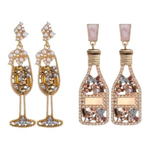 2 pairs champagne bottle drop dangle earrings for women,sparkly rhinestone earrings statement fashion prom new years jewelry gift