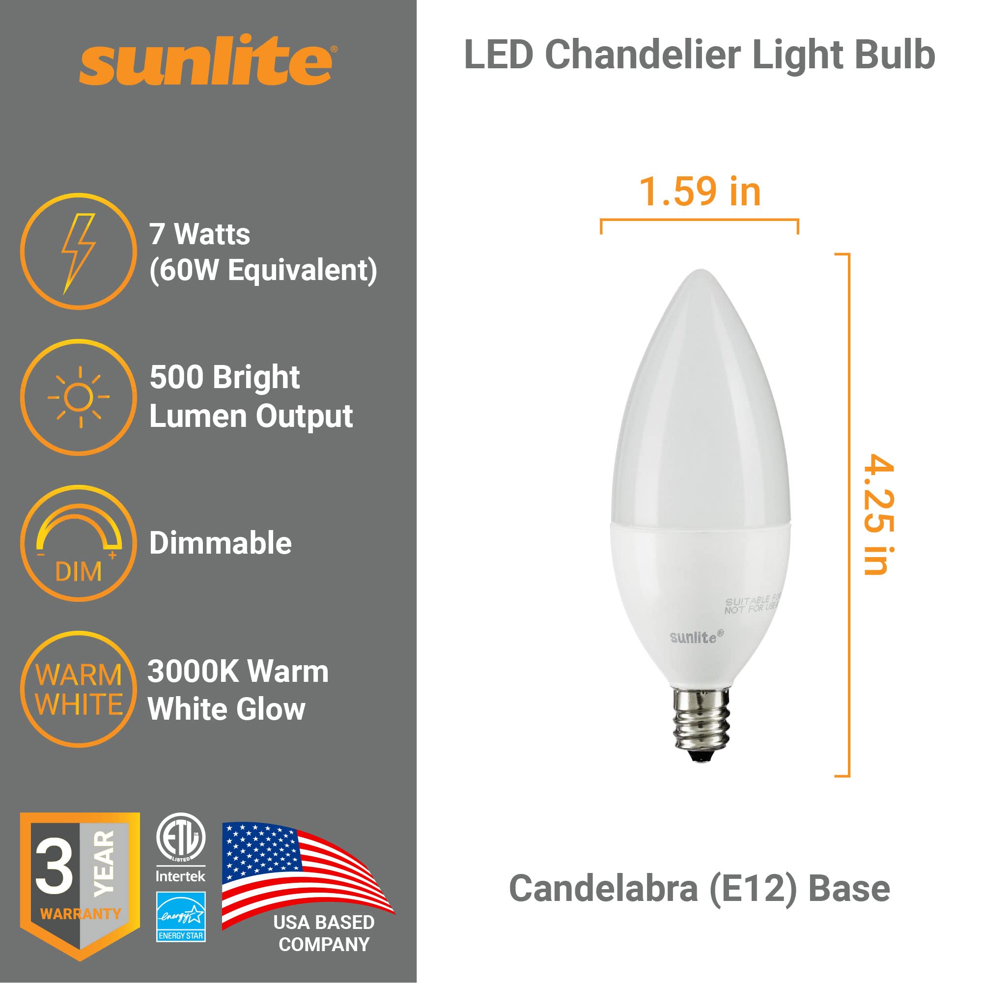 Sunlite 80786 LED B11 Frosted Torpedo Tip Chandelier Light Bulb, 7 Watts (60W Equivalent) 500 Lumens, Candelabra E12 Base, Dimmable Energy Star and ETL Certified, 3000K Warm White, 1 Count