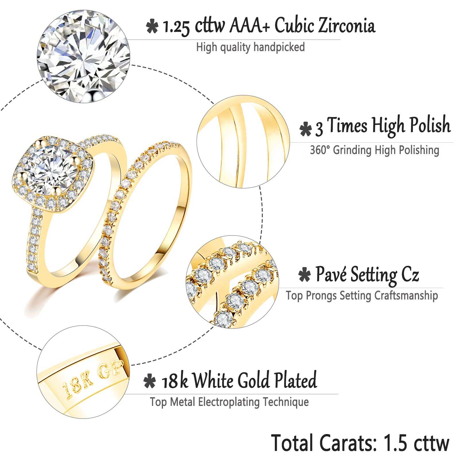 Ahloe Jewelry CEJUG 18K Gold Plated Wedding Rings for Women Engagement Bridal Ring Set Wedding Bands Halo Round Golden 1.5Ct Cz Size 11