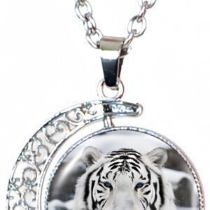 DEQIYIJI Tiger Gifts White Tiger Moon Pendant Necklace Jewelry For Women Tiger Lovers Stuff Silver