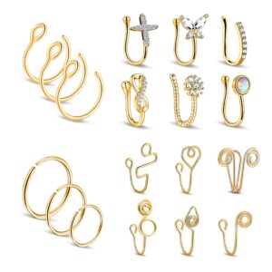 piercingart 18pcs fake nose rings 14k gold plated non piercing nose cuff set clip on nose ring hoop faux nose piercing jewelry for women girls