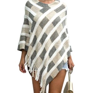 DAVLINA Chic Cardigan Poncho | Soft and Comfortable Lightweight Cardigan Poncho | Cute and Stylish Shawl (Standard, Gray White Varicolored)