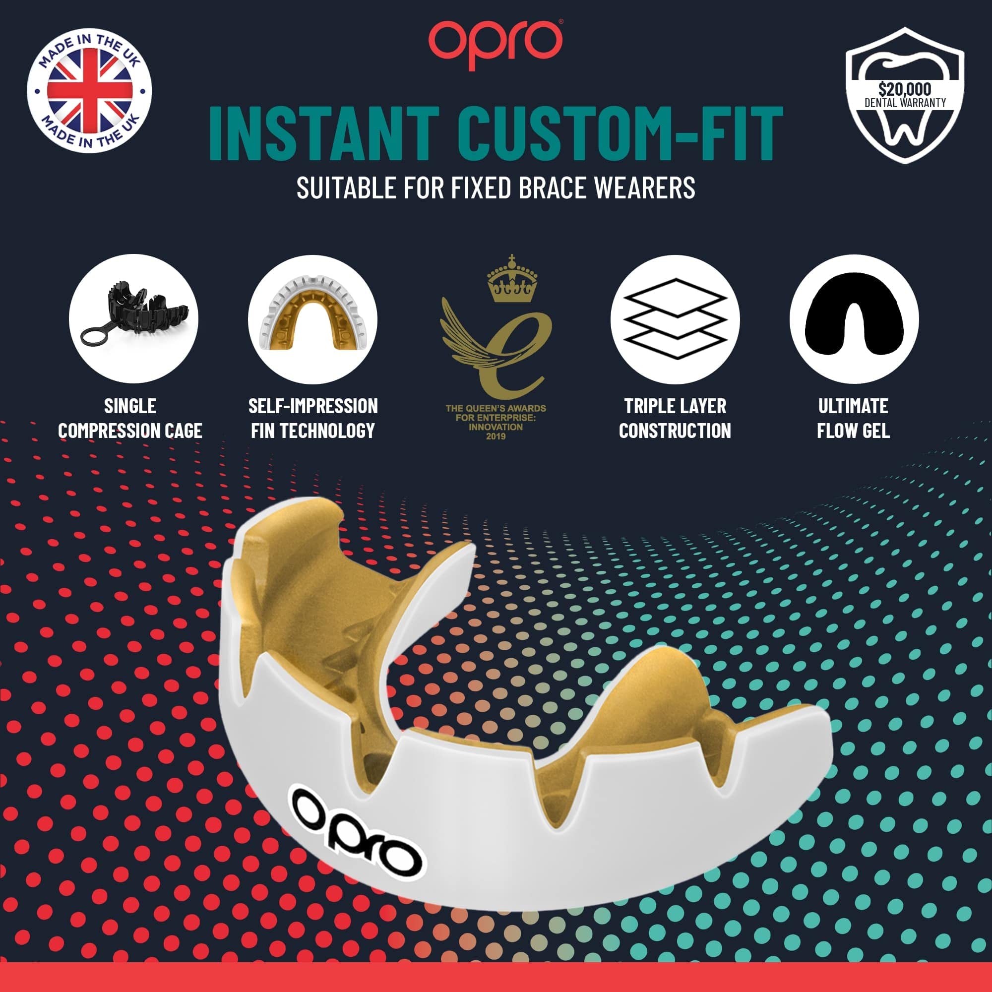 OPRO Instant Custom-Fit Braces Mouth Guard, Dentist Mouthguard Featuring Revolutionary Fitting cage, Ultimate Comfort, Protection & Fit, Braces Gum Shield for Rugby, Boxing, MMA, Hockey (Gold)