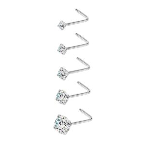 fansing 5pcs 22g surgical steel nose rings studs 1.5mm 2mm 2.5mm 3mm 4mm cz diamond nose studs cubic zirconia nose stud silver l shaped nose studs for women nostril piercing jewelry 22 gauge