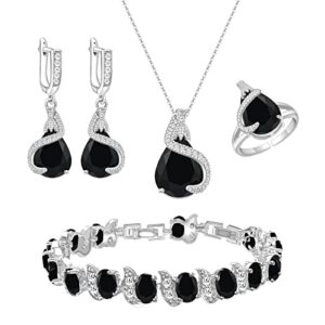 gzwhd jewelry set gift for women, black waterdrop created spinel, party prom jewelry, silver-tone earrings necklace bracelet open ring, birthday gifts for best friends mom