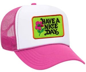 have a nice day vintage patch trucker hat (pink/white/green)