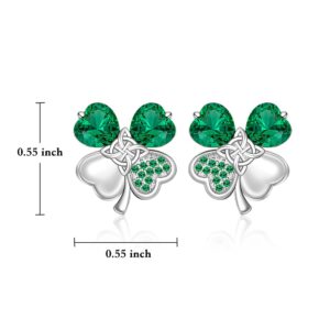 St Patricks Day Shamrock Earrings Sterling Silver Four Leaf Clover Irish Triquetra Celtic Knot Earrings for Women Emerald Green CZ Stud Prom Valentines Day Gift