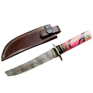 theboneedge 6" damascus fixed blade pink resin handle hunting knife with sheath