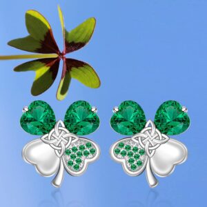 St Patricks Day Shamrock Earrings Sterling Silver Four Leaf Clover Irish Triquetra Celtic Knot Earrings for Women Emerald Green CZ Stud Prom Valentines Day Gift