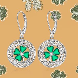 Celtic Knot Shamrock Earrings for Women Irish Leverback Drop Four Leaf Clover St Patricks Day Earrings Sterling Silver Green Dangle Valentines Day Gifts