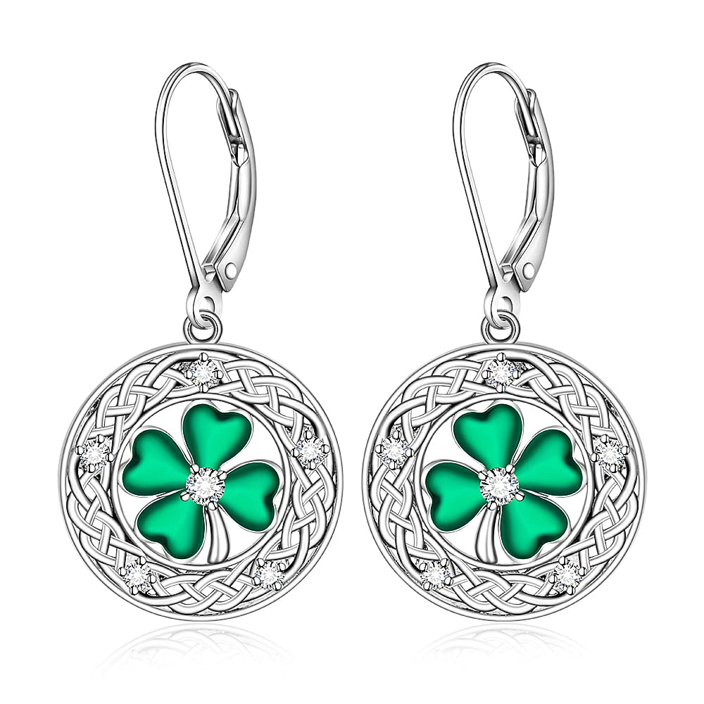 Celtic Knot Shamrock Earrings for Women Irish Leverback Drop Four Leaf Clover St Patricks Day Earrings Sterling Silver Green Dangle Valentines Day Gifts