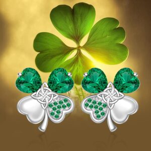 St Patricks Day Shamrock Earrings Sterling Silver Four Leaf Clover Irish Triquetra Celtic Knot Earrings for Women Emerald Green CZ Stud Prom Valentines Day Gift