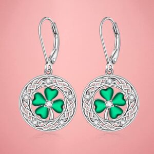 Celtic Knot Shamrock Earrings for Women Irish Leverback Drop Four Leaf Clover St Patricks Day Earrings Sterling Silver Green Dangle Valentines Day Gifts