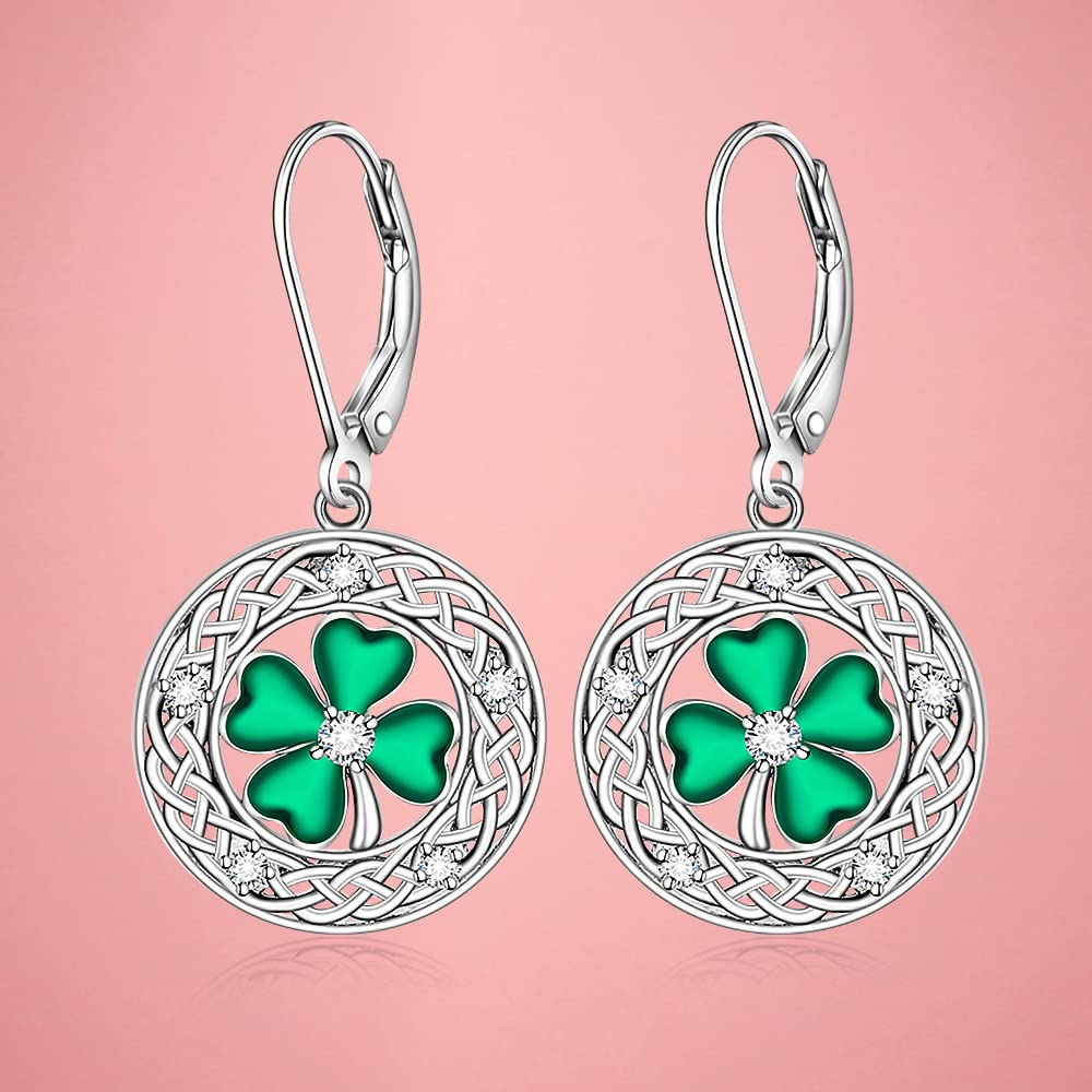 Celtic Knot Shamrock Earrings for Women Irish Leverback Drop Four Leaf Clover St Patricks Day Earrings Sterling Silver Green Dangle Valentines Day Gifts