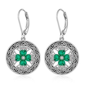 st patricks day shamrock earrings for women sterling silver green celtic knot four leaf clover irish dangle drop earrings crystal vintage black circle leverback valentines day gift