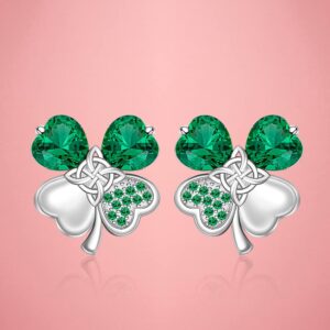 St Patricks Day Shamrock Earrings Sterling Silver Four Leaf Clover Irish Triquetra Celtic Knot Earrings for Women Emerald Green CZ Stud Prom Valentines Day Gift