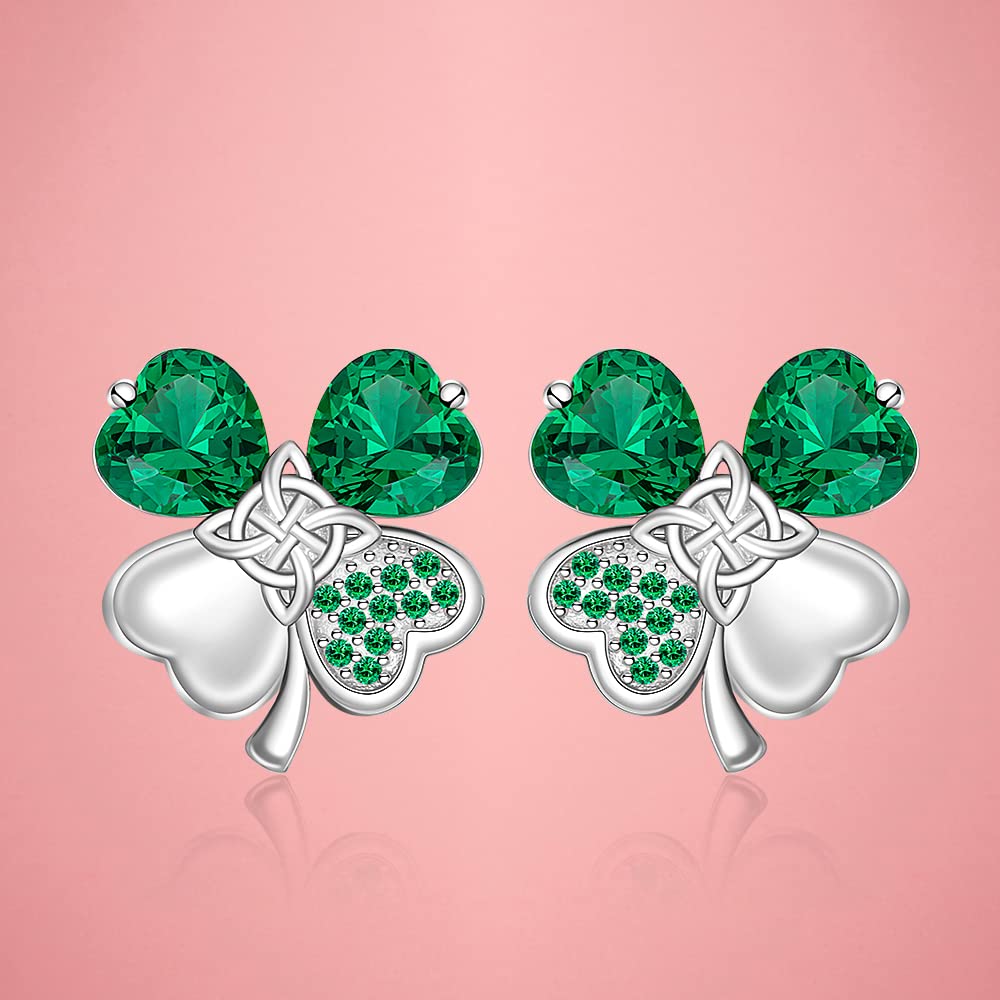 St Patricks Day Shamrock Earrings Sterling Silver Four Leaf Clover Irish Triquetra Celtic Knot Earrings for Women Emerald Green CZ Stud Prom Valentines Day Gift