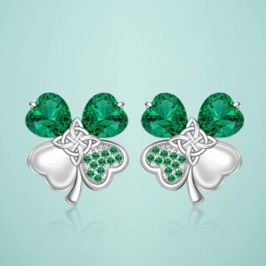 St Patricks Day Shamrock Earrings Sterling Silver Four Leaf Clover Irish Triquetra Celtic Knot Earrings for Women Emerald Green CZ Stud Prom Valentines Day Gift