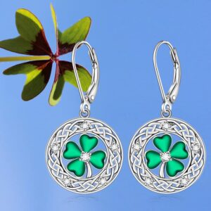 Celtic Knot Shamrock Earrings for Women Irish Leverback Drop Four Leaf Clover St Patricks Day Earrings Sterling Silver Green Dangle Valentines Day Gifts