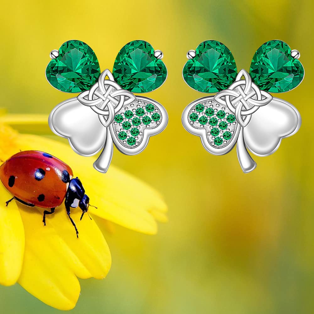 St Patricks Day Shamrock Earrings Sterling Silver Four Leaf Clover Irish Triquetra Celtic Knot Earrings for Women Emerald Green CZ Stud Prom Valentines Day Gift