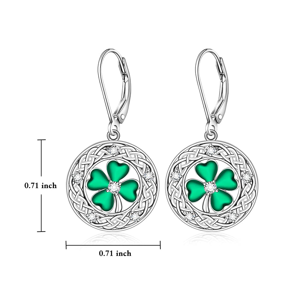 Celtic Knot Shamrock Earrings for Women Irish Leverback Drop Four Leaf Clover St Patricks Day Earrings Sterling Silver Green Dangle Valentines Day Gifts