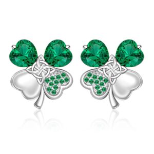 st patricks day shamrock earrings sterling silver four leaf clover irish triquetra celtic knot earrings for women emerald green cz stud prom valentines day gift