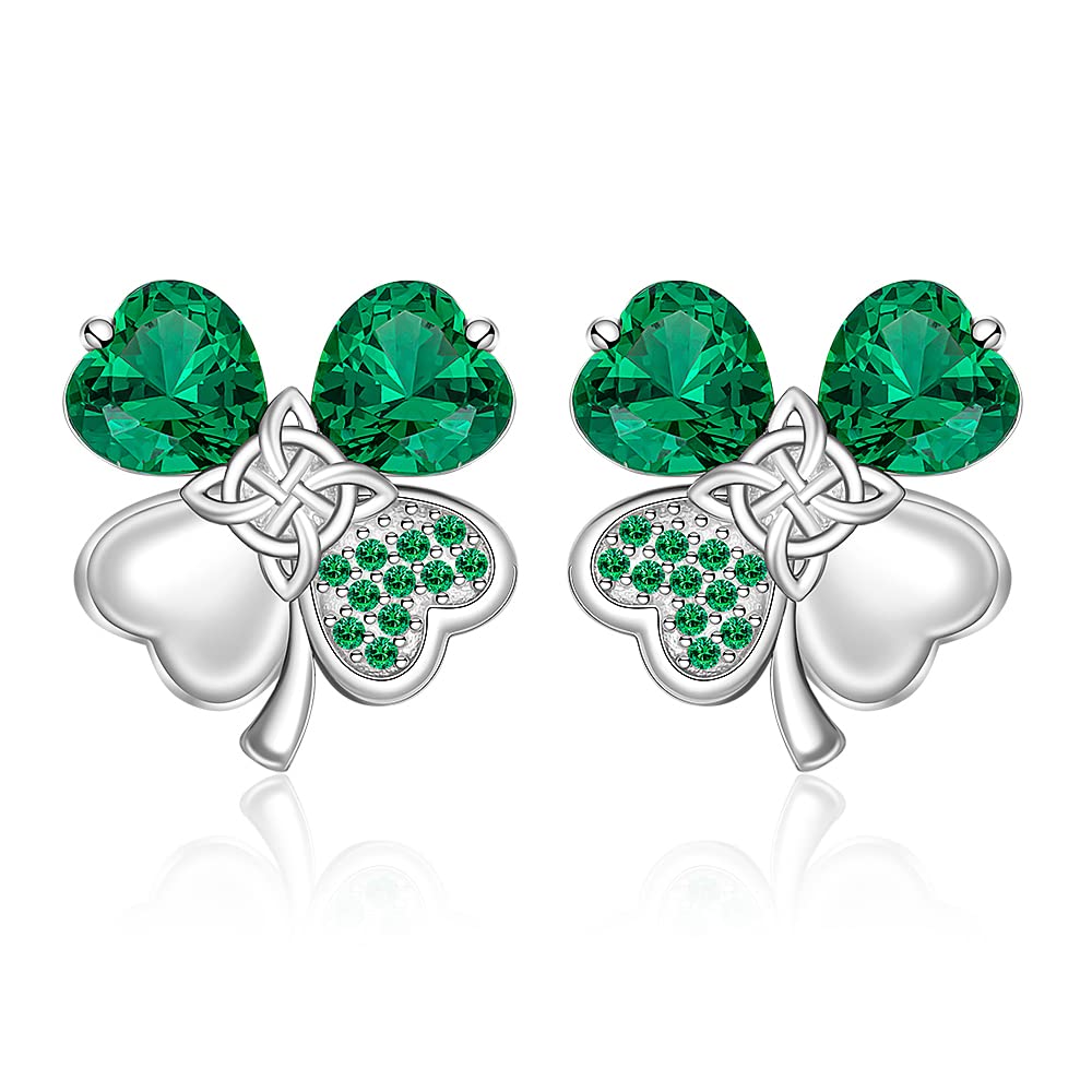 St Patricks Day Shamrock Earrings Sterling Silver Four Leaf Clover Irish Triquetra Celtic Knot Earrings for Women Emerald Green CZ Stud Prom Valentines Day Gift