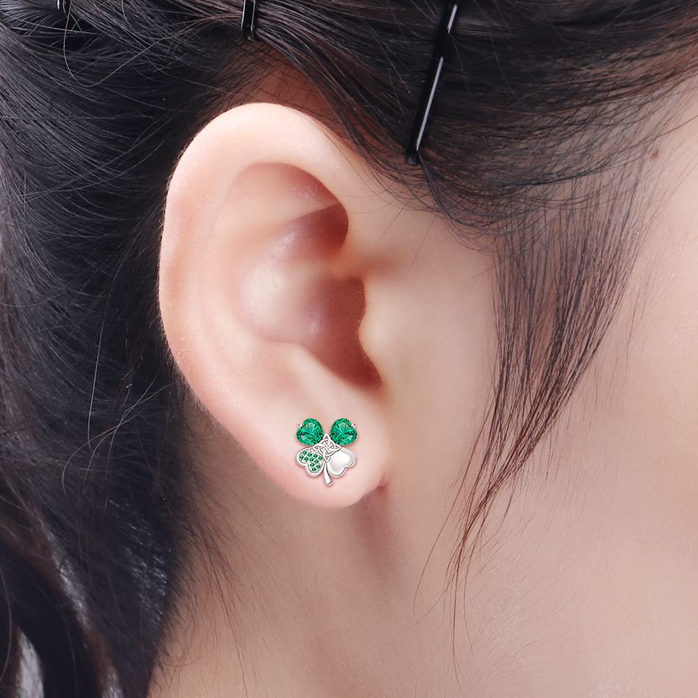 St Patricks Day Shamrock Earrings Sterling Silver Four Leaf Clover Irish Triquetra Celtic Knot Earrings for Women Emerald Green CZ Stud Prom Valentines Day Gift