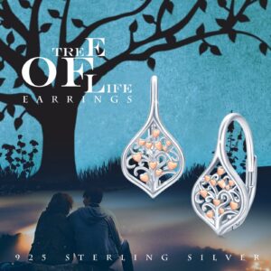 Tree of Life Leverback Earrings for Women Small Leverback Hoop Earrings Sterling Silver Dainty Rose Gold Hoops Earrings Tree of Life Jewelry