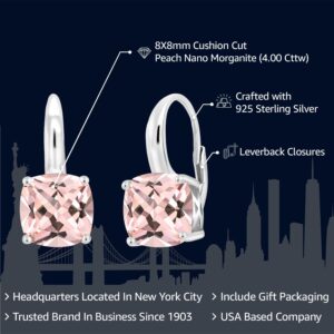 Gem Stone King 4.00 Cttw Peach Nano Morganite Earrings For Women In 925 Sterling Silver | Gemstone Birthstone | Cushion 8MM