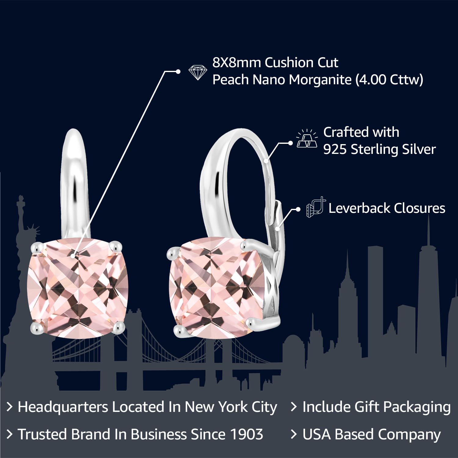 Gem Stone King 4.00 Cttw Peach Nano Morganite Earrings For Women In 925 Sterling Silver | Gemstone Birthstone | Cushion 8MM