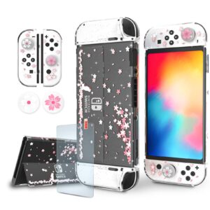 switch oled protective case, switch oled clear case with tempered glass screen protector and thumb grips - cherry blossom