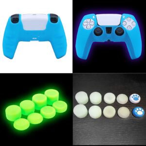 HLRAO Blue PS5 Controller Skin Silicone Grip Glow in Dark Protective Case for PS5 Controller with 8 Glow in The Dark Thumb Grips Caps + 2 Cute Cat Paw Thumb Grips Caps.