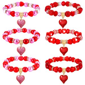 xocartige 6pcs valentine’s day bracelets red heart charms bracelets for women crystal pearl beaded stretch bracelet set festive birthday party gifts (6pcs red bracelets)