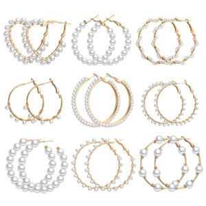 adoshine faux pearl hoop earrings for women lightweight open large circle heart dangle drop open huge earrings artificial pearl beaded earrings brides jewelry (9 pairs)