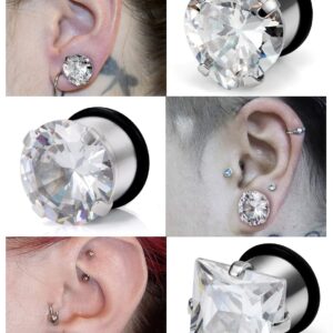 Vsnnsns 00G 316L Surgical Stainless Steel Cubic Zirconia Ear Gauges Plugs Tunnels Taper Stretching Kit Expander Piercing Jewelry for Women Men 10mm Circular CZ Square CZ Heart CZ 00 Gauge Silver