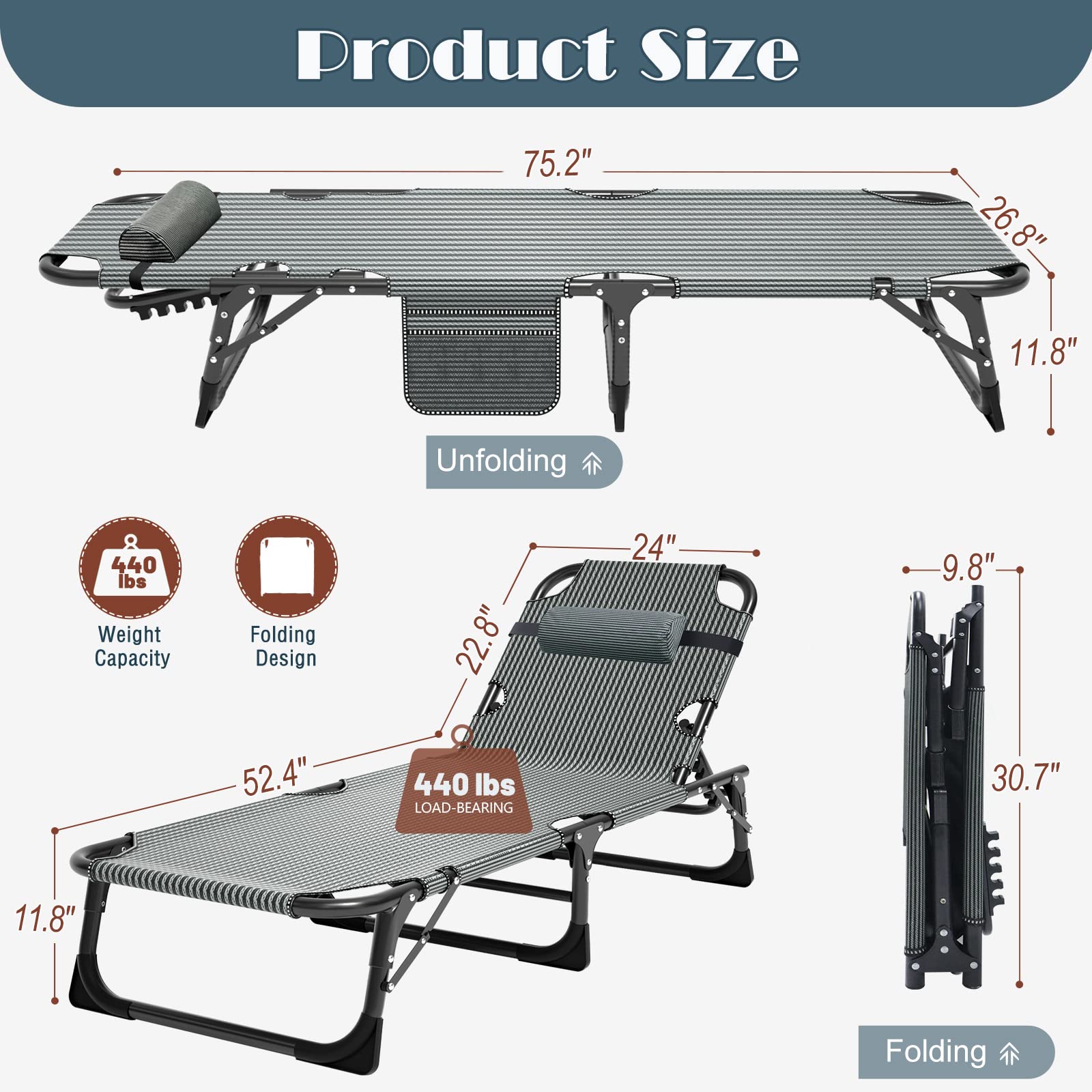 H&ZT Adults Patio Chaise Lounge Chair with Mattress, Outdoors Portable Bed Frame for Adults