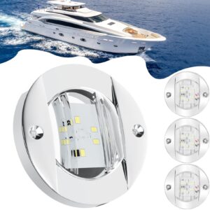 pseqt 4pcs marine boat interior lights, 12v led boat deck courtesy light 3'' round white 6 led stern transom anchor light waterproof night fishing pontoon lights surface mount