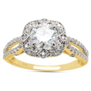 savearth diamonds 0.90 cttw round lab created moissanite diamond split shank halo engagement ring in 14k yellow gold over sterling silver 1 1/2 cttw, size 10