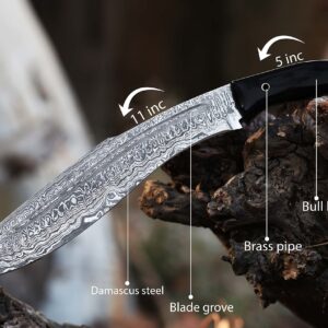 12.5 Inch long Hunting knife, Collectible knife, Natural Camel bone scale embellished with engraved brass finger guard, foil work spacer and pommel, Hand forged Twist pattern Damascus steel blade, Comes with Leather sheath